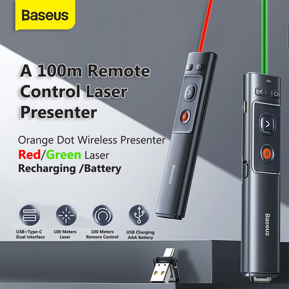 🔴🟢Red /Green Baseus Orange Dot Wireless Presenter With USB/Type-C ...